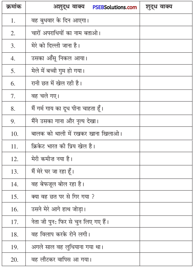 PSEB 10th Class Hindi Vyakaran वाक्य शुद्धि – PSEB Solutions