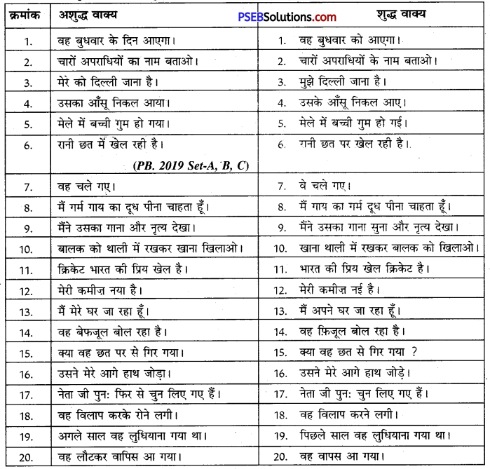 PSEB 10th Class Hindi Vyakaran वाक्य शुद्धि – PSEB Solutions