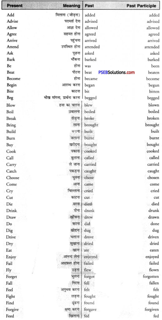 PSEB 8th Class English Grammar The Verb – PSEB Solutions